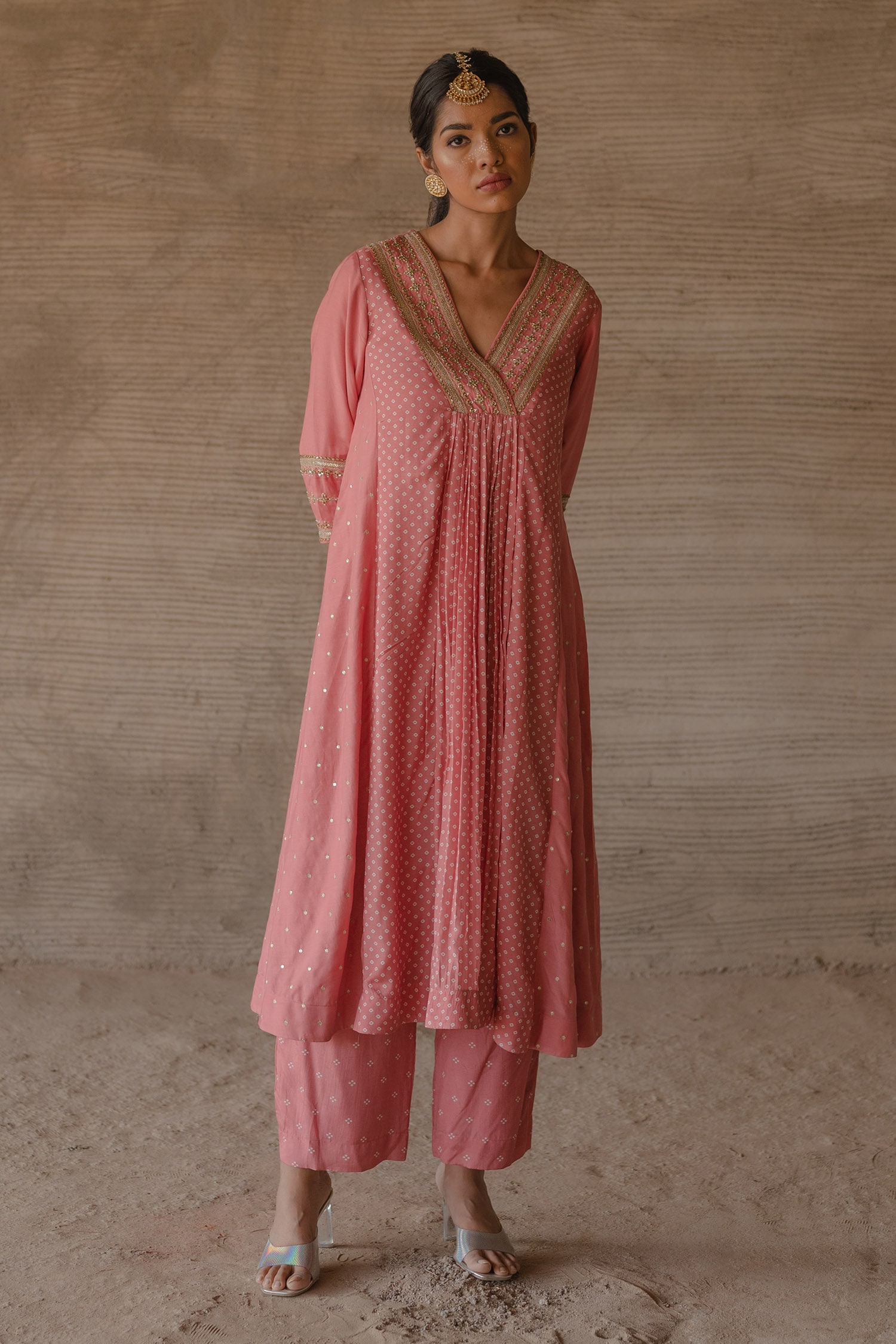 Buy Pink Spun Silk Printed Bandhej V Pattern Panelled Anarkali With ...