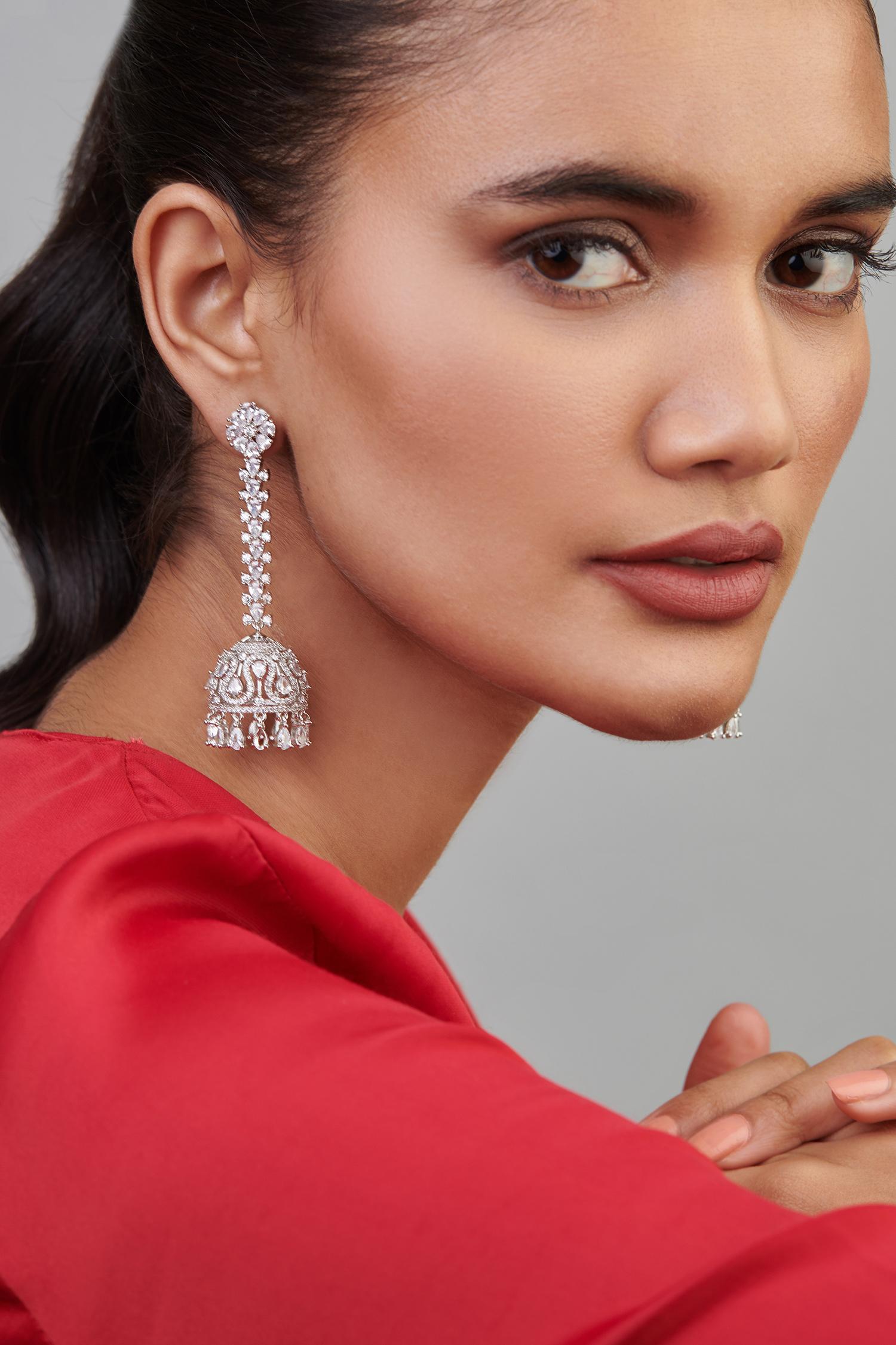 Buy Silver Plated Cubic Zirconia Diamante Shoulder Duster Jhumkis by ...