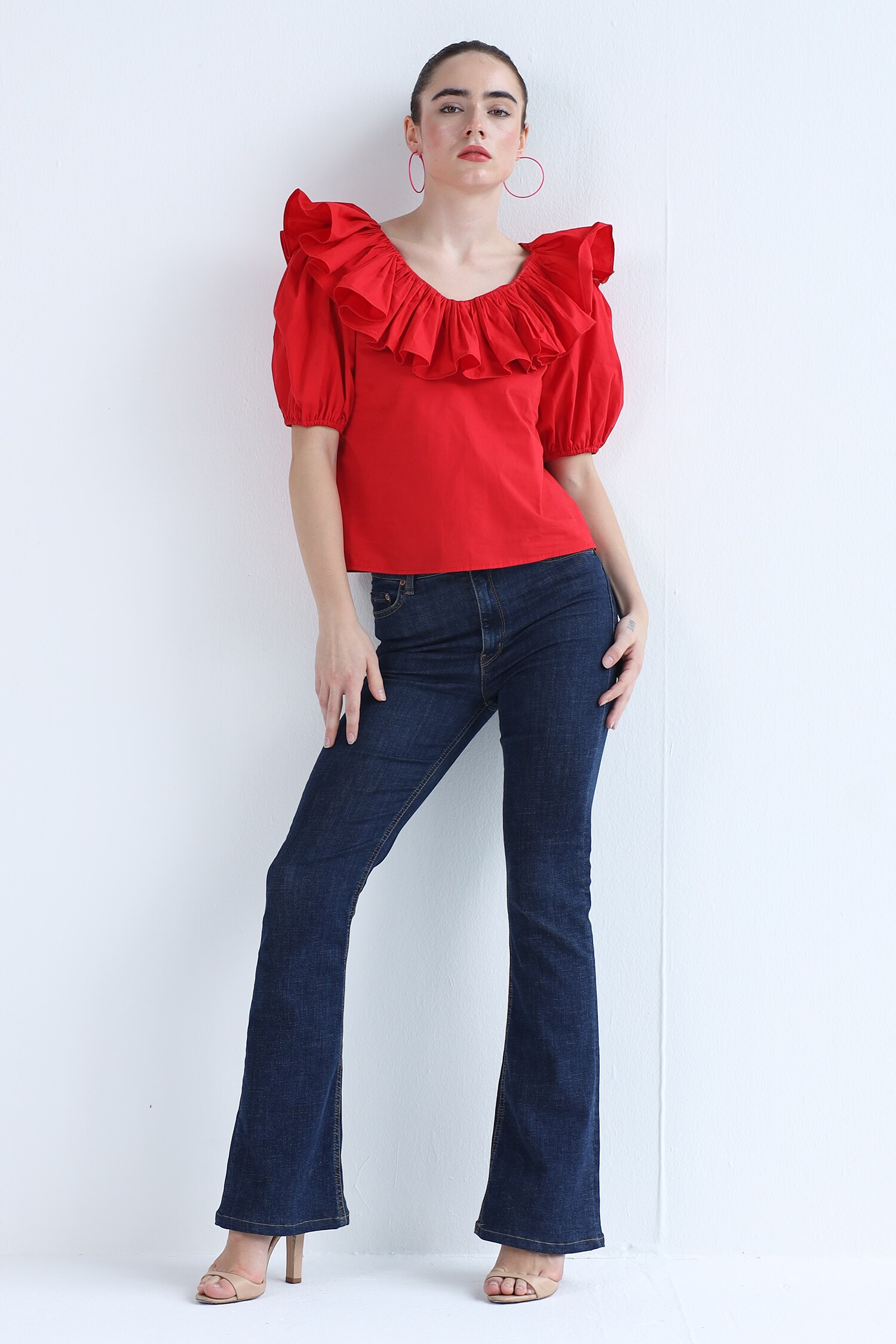 Buy Red Cotton Ruffles Solid Neck Top For Women by Ashico Online at Aza ...