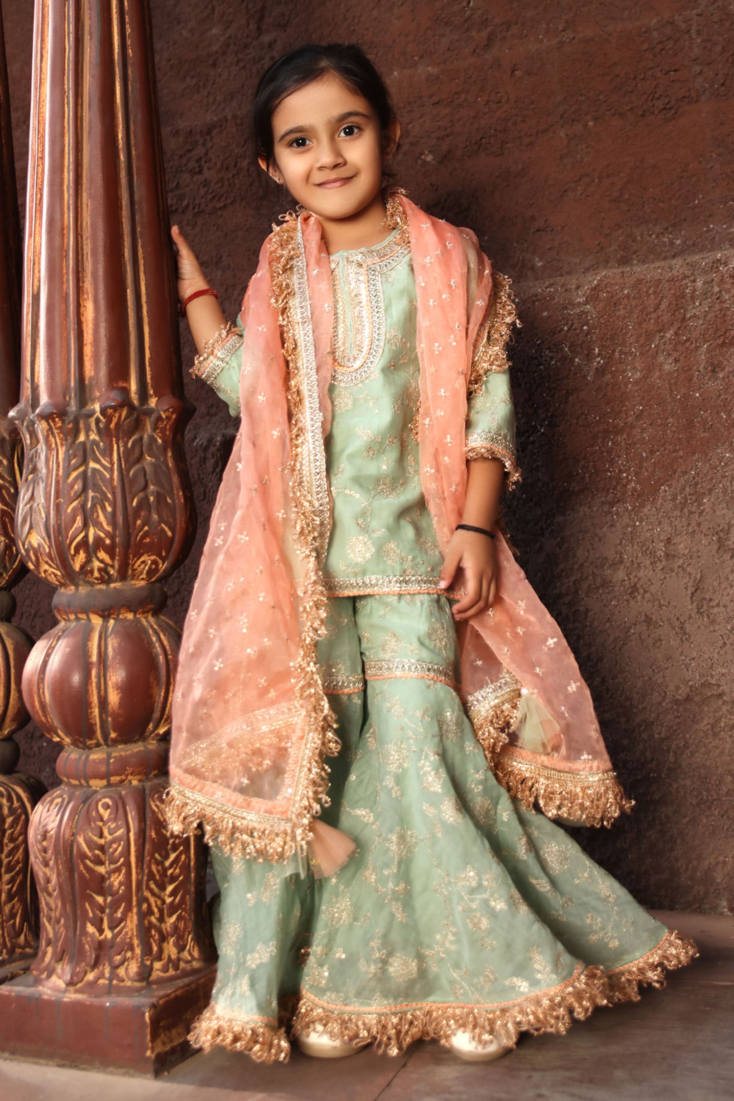Buy Green Kurta And Sharara: Chanderi Embroidery Aari Set For Girls by ...