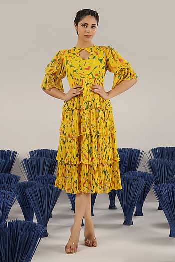 Buy Yellow Modal Satin Printed Abstract Square Neck Nini Dress For ...