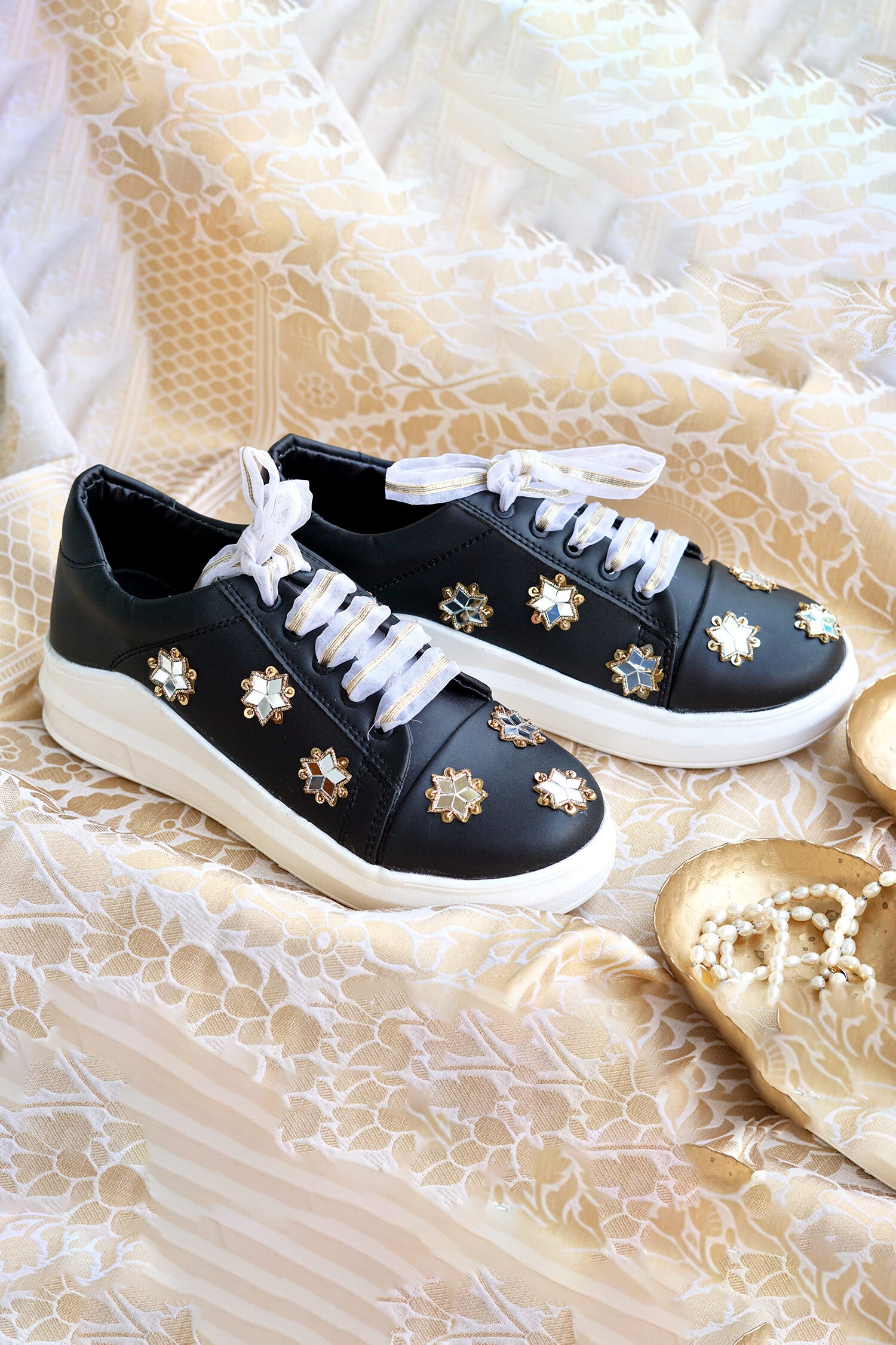 Buy The Saree Sneakers Black Non Leather Rexene Fabric Mirrorwork ...
