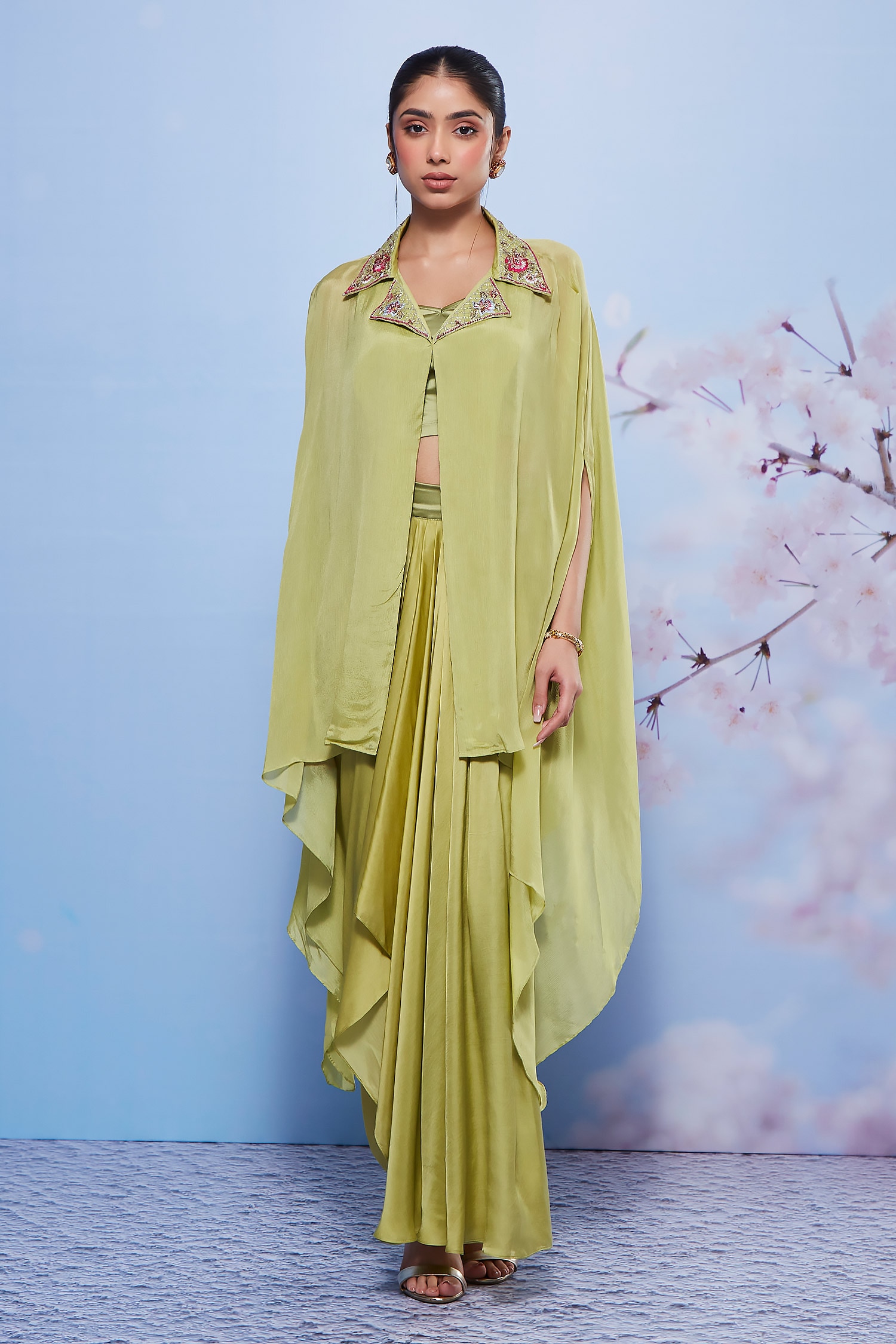 Buy Green Chiffon Embroidered Thread Cape Lapel Collar And Draped Skirt ...