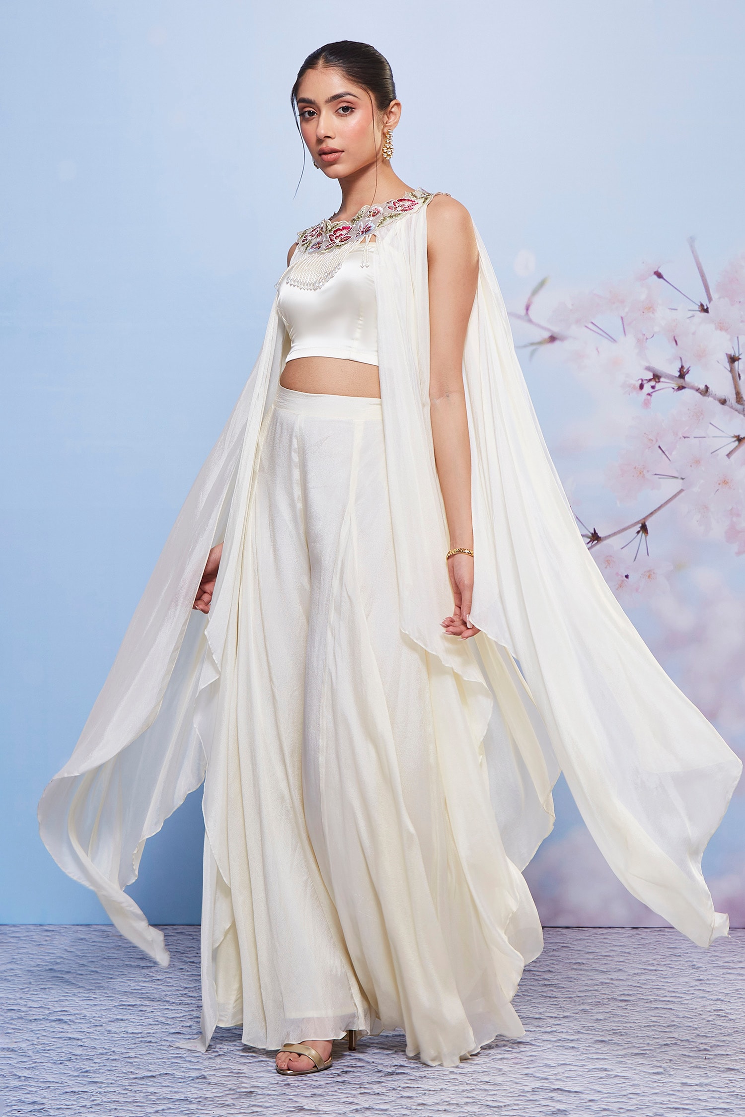 Buy Ivory Chiffon Embroidered Floral Bustier Layered Jacket Sharara Set ...