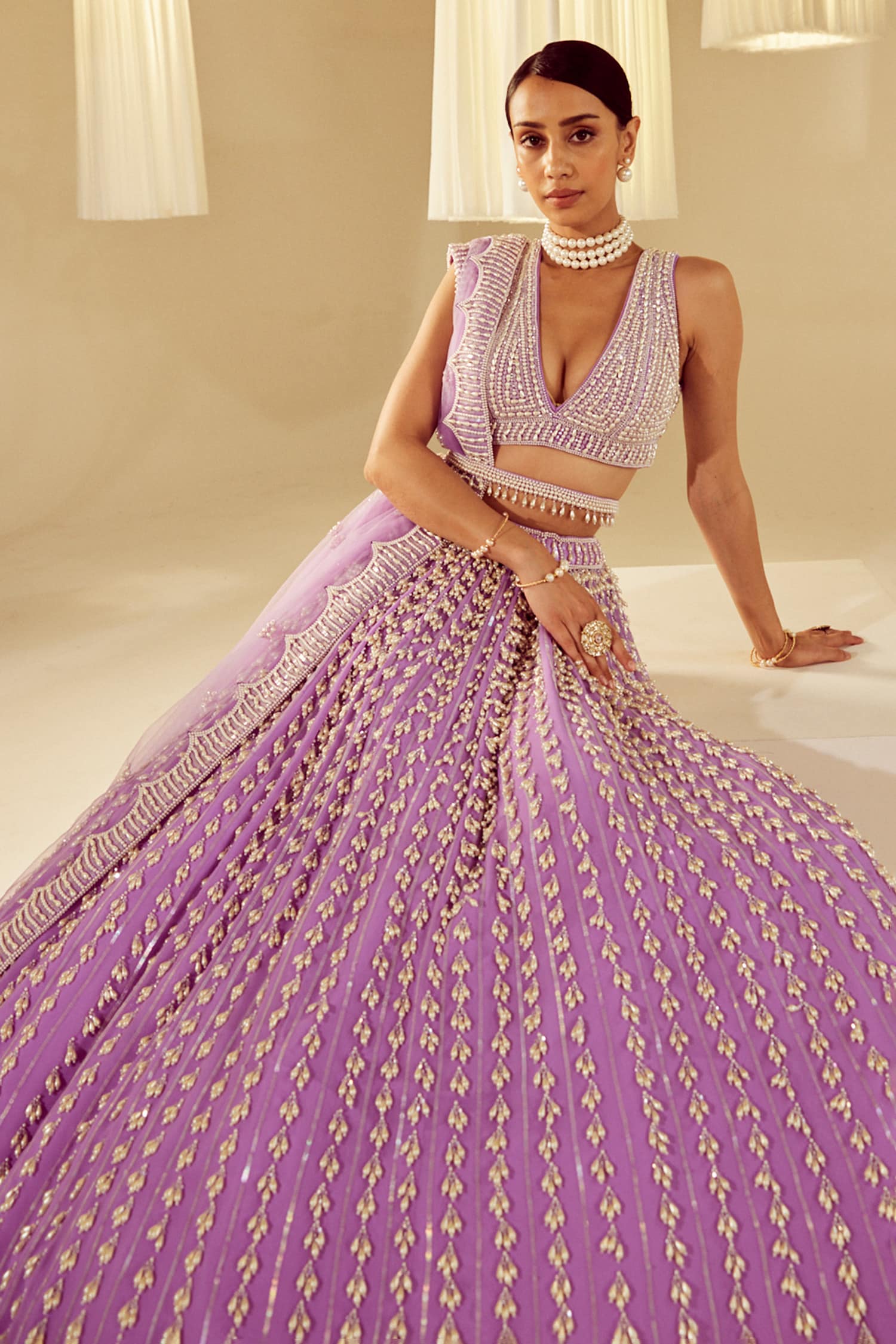 Buy Purple Blouse And Lehenga Georgette Chandelier Work Bridal Set For ...