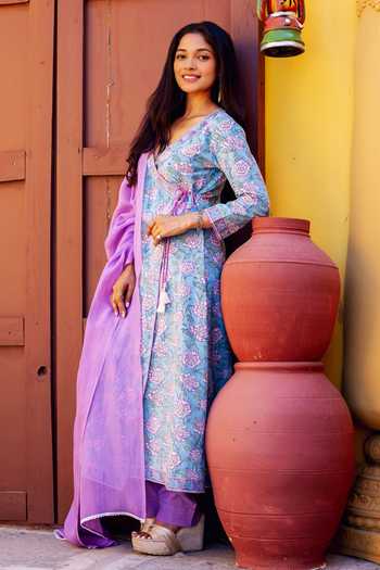 Buy Purple Cotton Printed Hand Block Pakeeza Floral Angarkha Pant Set ...