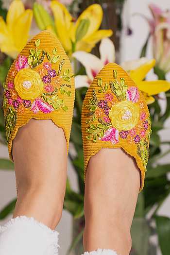 Buy House of Vian Yellow Mustard Corduroy Sunflower Embroidered Mules ...