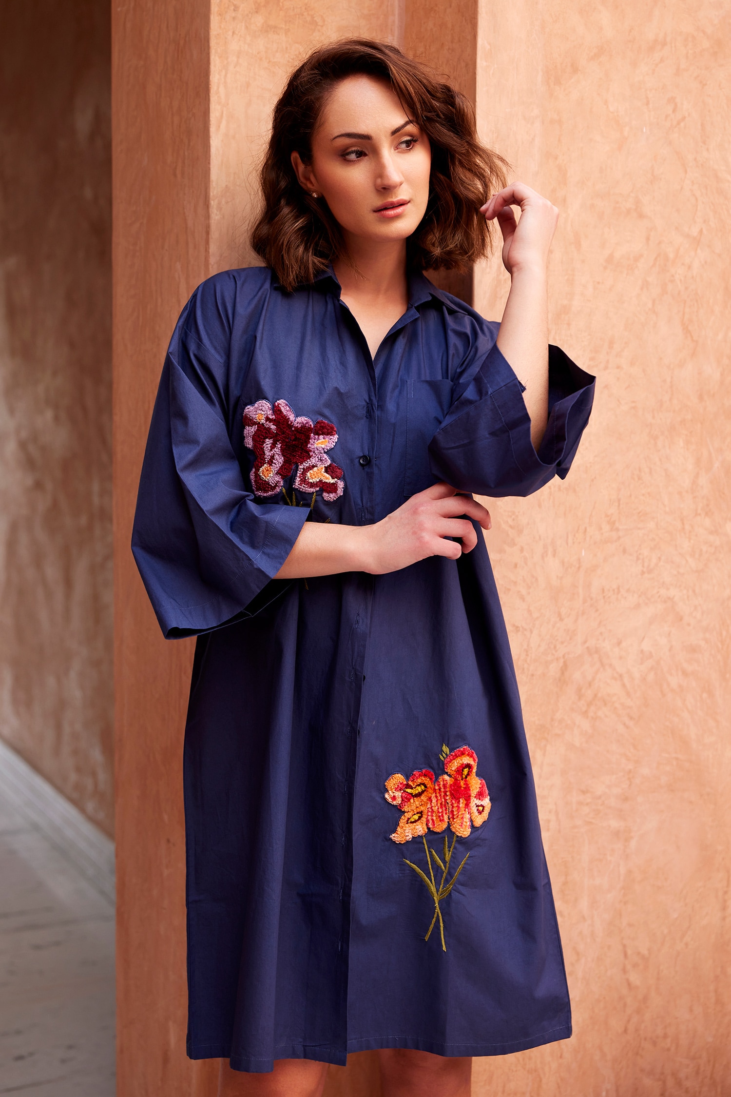 Buy Blue Cotton Embroidered Thread Shirt Collar Floral Patch For Women ...