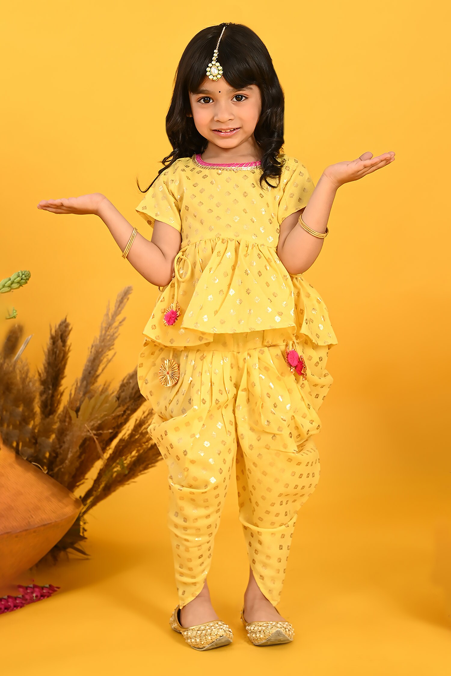 Buy Yellow Jhabla: Cotton Blend Patterned Floral Jabla And Dhoti Pant ...