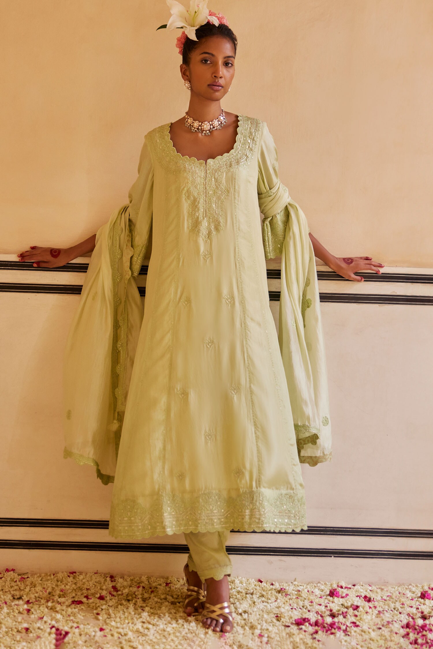 Buy Green Silk Embroidery Resham U Neck Anarkali Set For Women by PUNIT ...