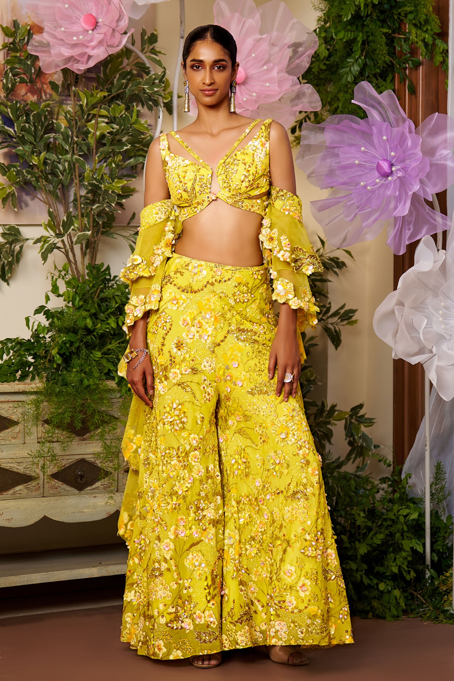 Buy Yellow Nylon Organza Embroidered Sequin Cutwork V Neck Oma Blouse ...