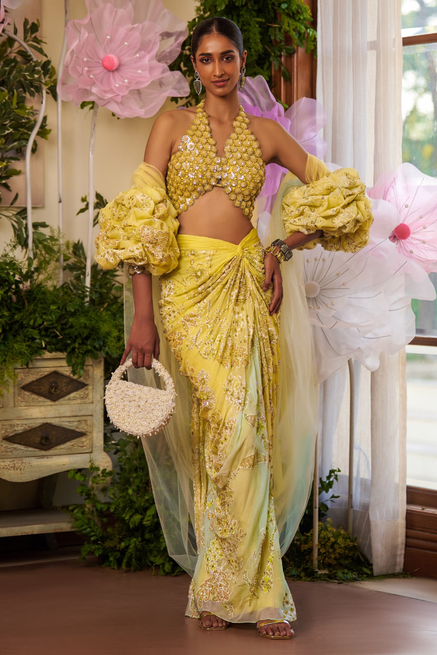 Buy Yellow Skirt Nylon Organza Embroidered Sequin Reya Ombre Draped Set ...