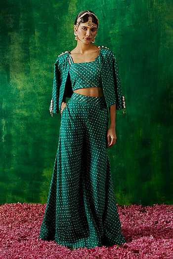 Buy Green Silk Printed Bandhani Square Neck Blazer Sharara Set For ...