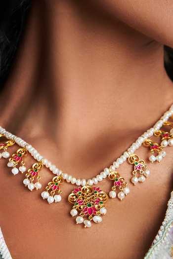 Buy Zariin Enamelled Lotus Drops Pearl Contemporary Necklace Online ...