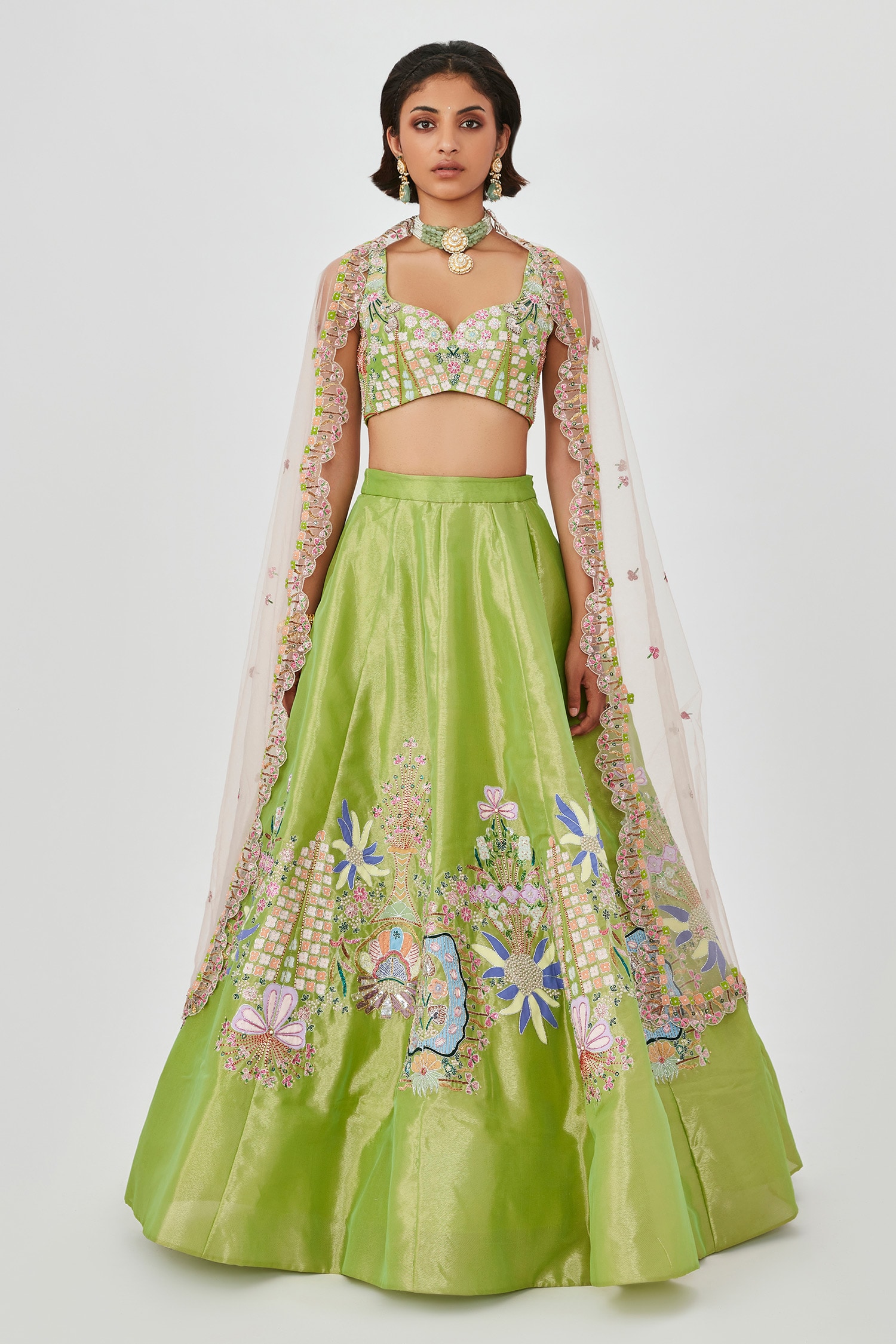 Buy Aisha Rao Green Tissue Saira Floral Applique And Crystal ...
