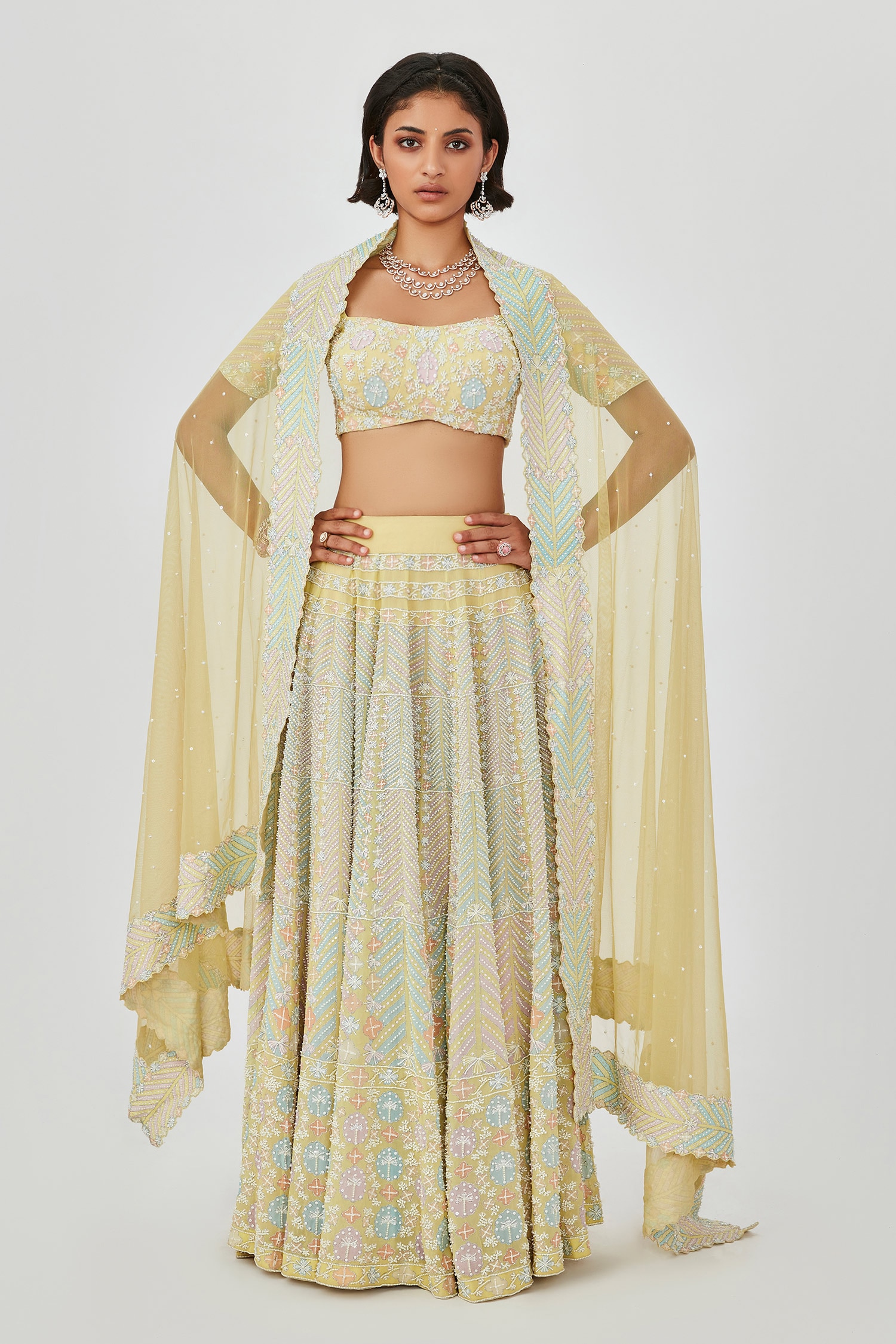Buy Aisha Rao Yellow Georgette Yasmin Pearl And Floral Embellished 16 ...