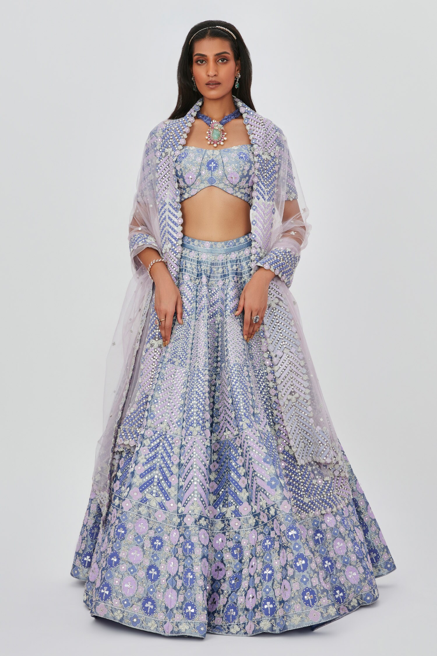 Buy Aisha Rao Purple Tissue Ziba Mirror Embellished 12 Kali Lehenga Set ...