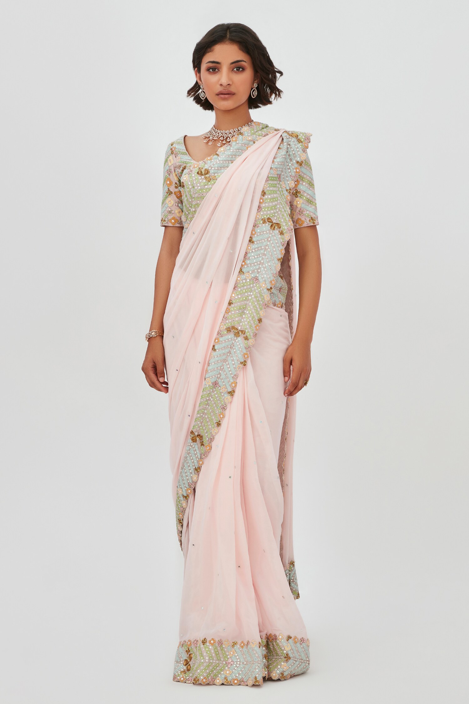 Buy Aisha Rao Pink Georgette Fariba Border Embroidered Saree With ...