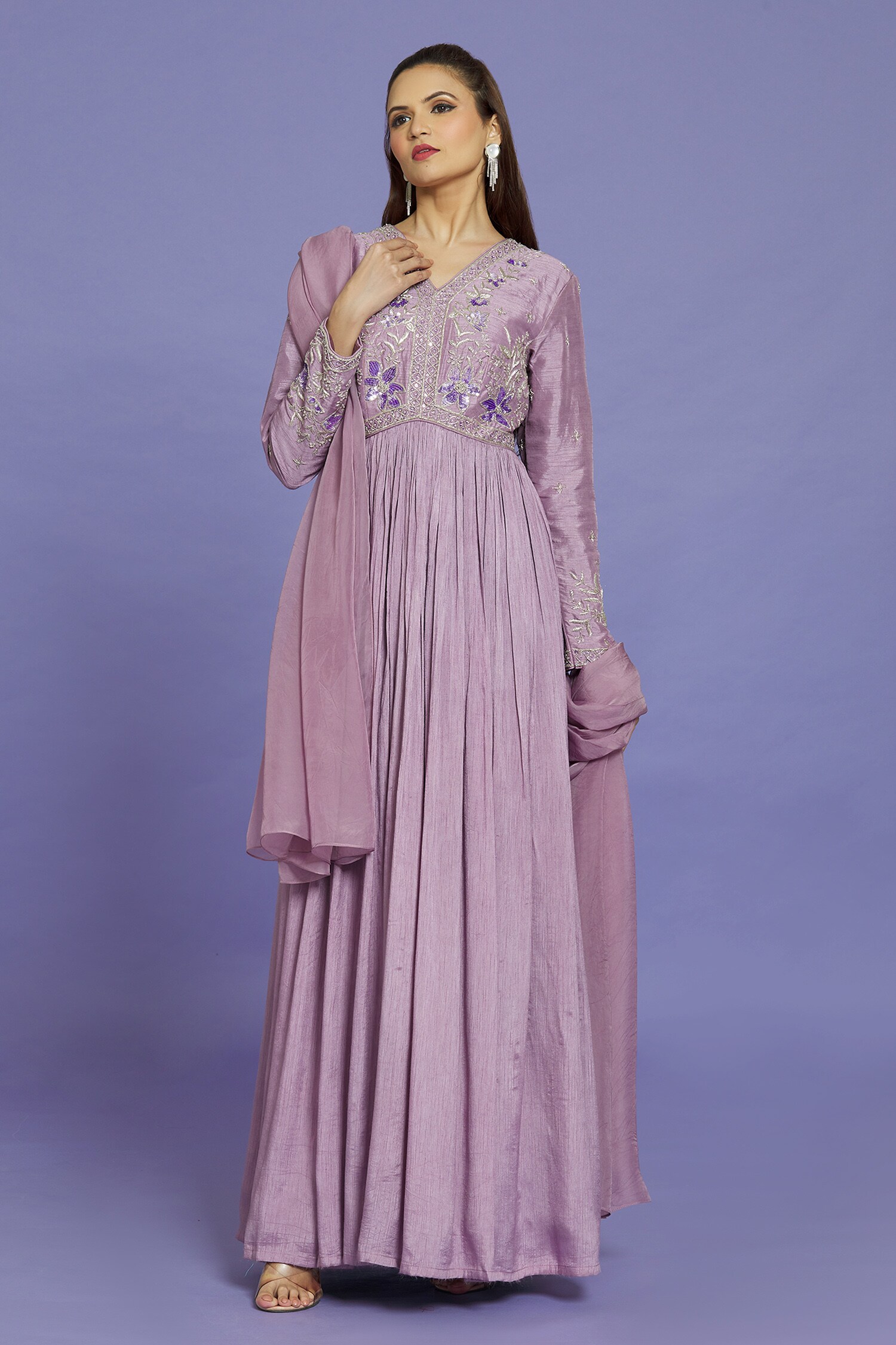 Buy Purple Anarkali Tussar Silk Placement Embroidery Yoke With Dupatta For Women by Naintara ...