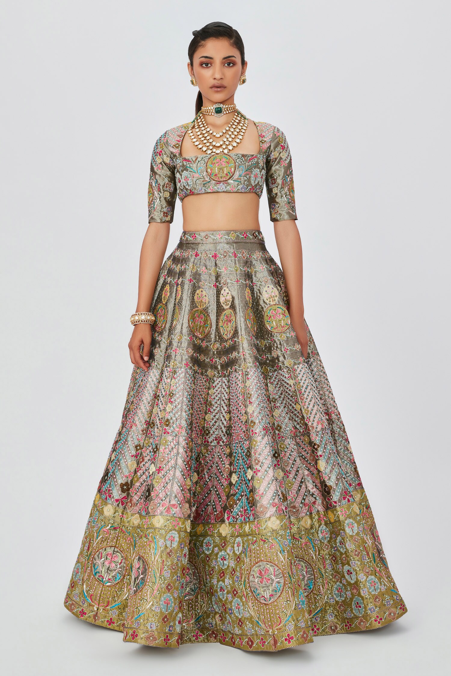 Buy Aisha Rao Grey Tissue Banou Embellished 12 Kali Lehenga Set Online ...