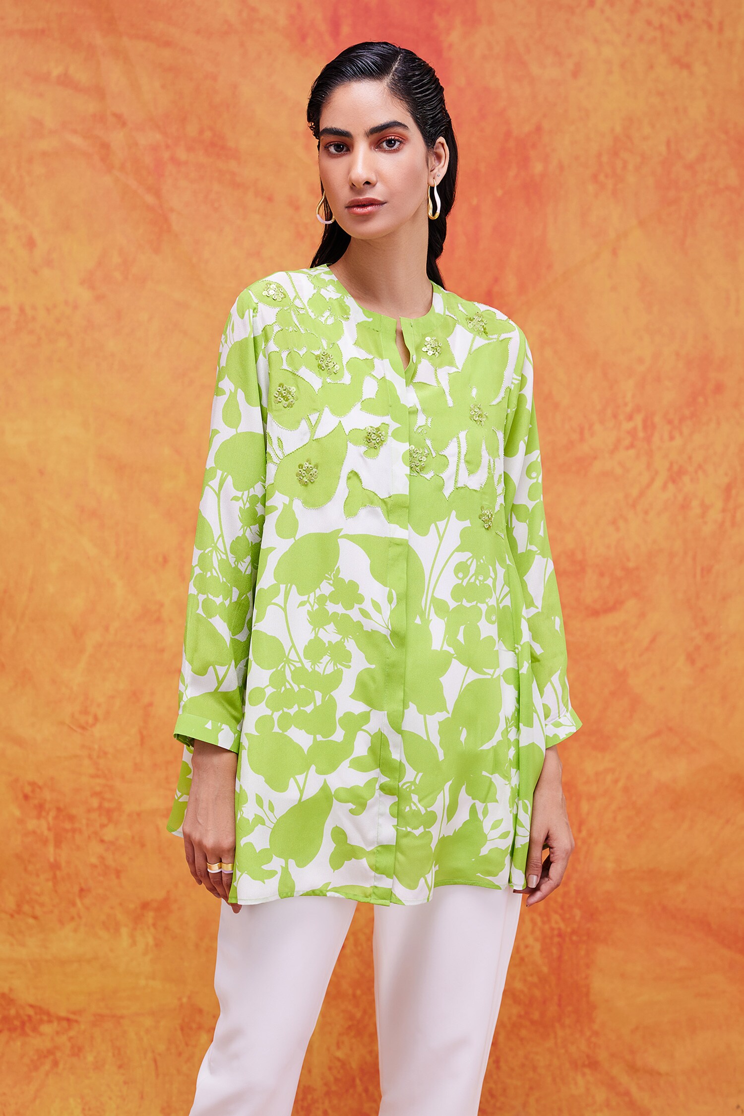 Buy Green Silk Crepe Printed Floral Mandarin Collar Cleo Tunic For