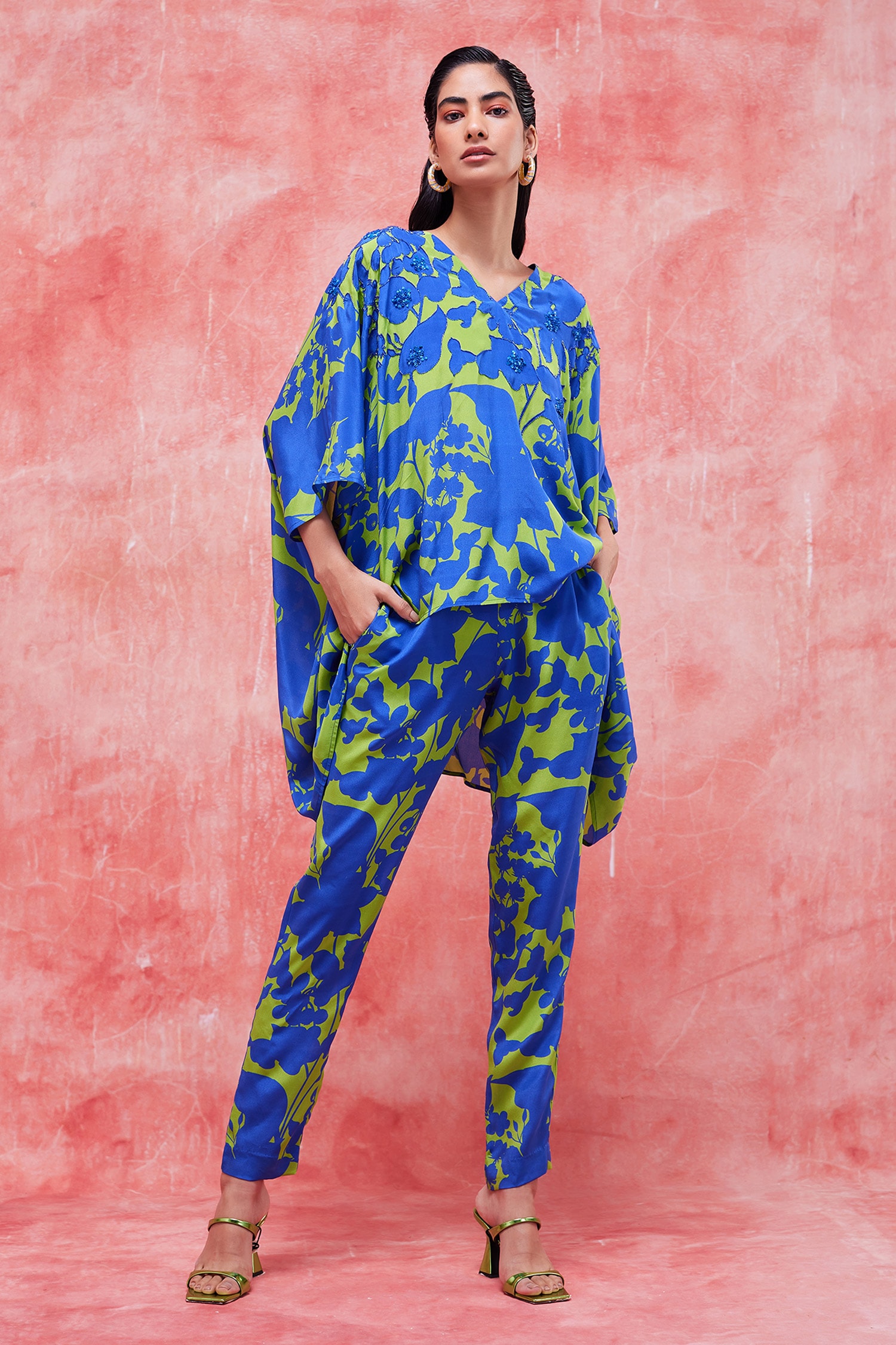 Buy Blue Silk Crepe Printed Floral V Neck Cleo High Low Top And Pant