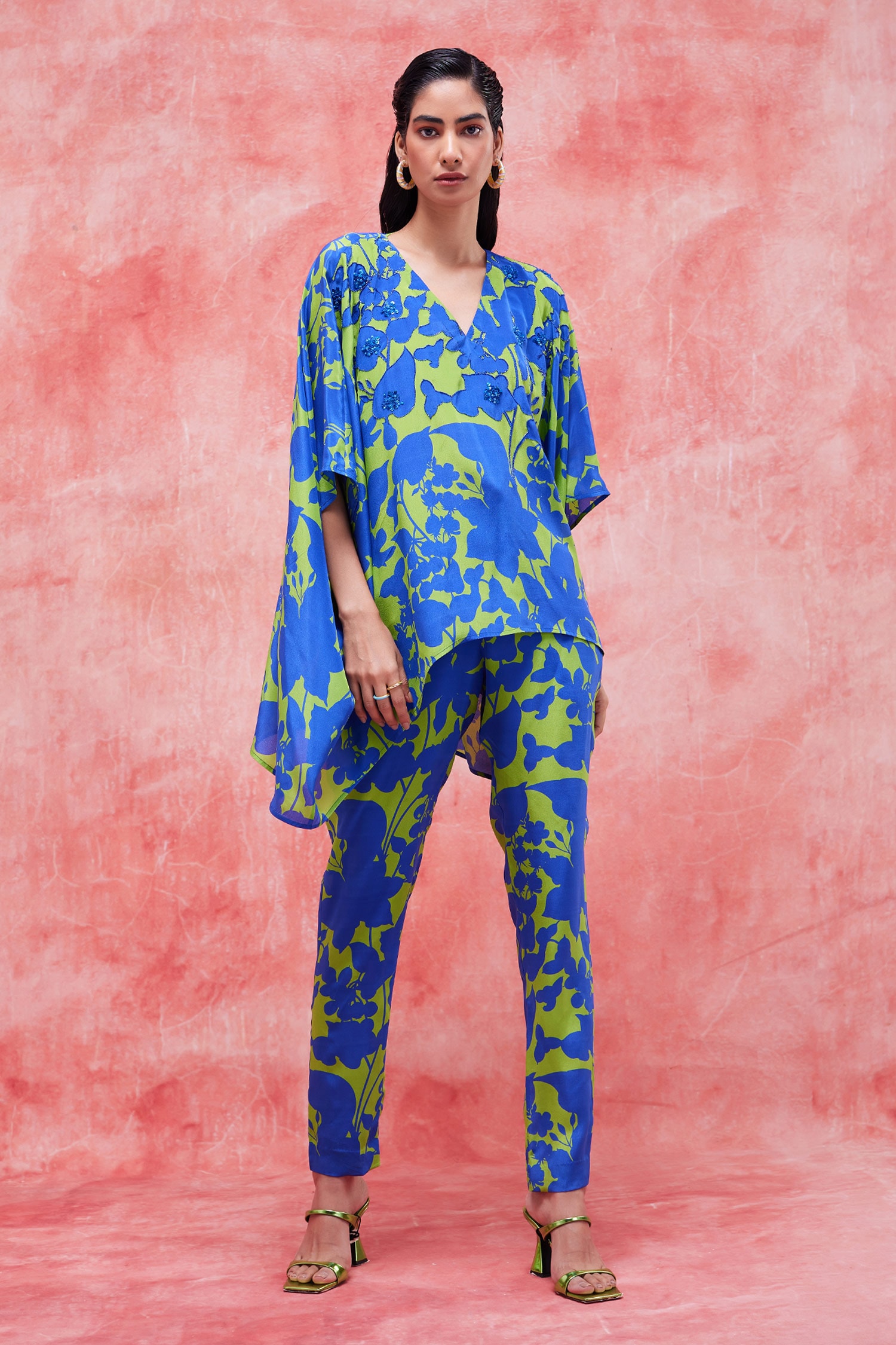 Buy Pankaj And Nidhi Blue Silk Crepe Cleo Floral Print High Low Top