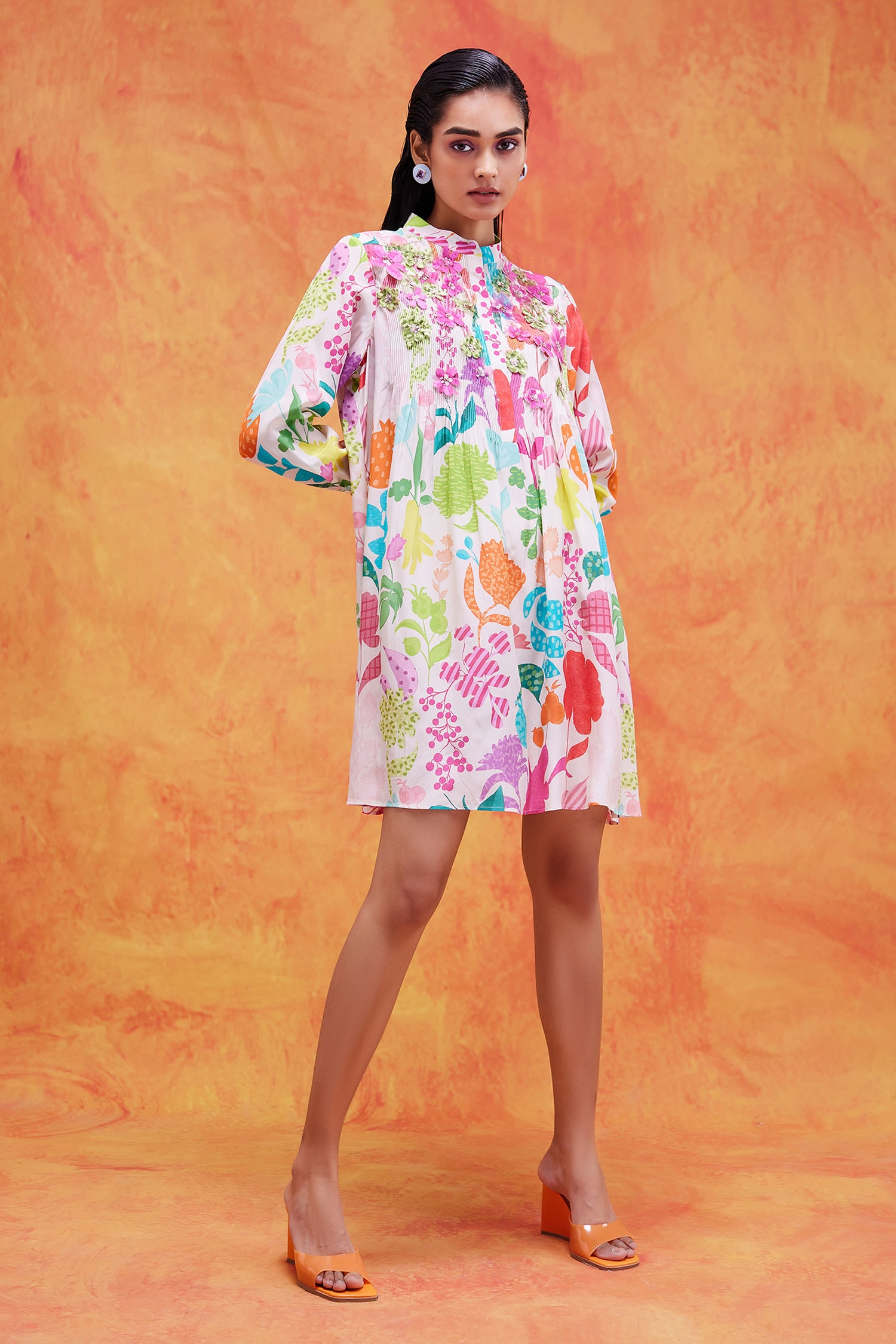 Buy Pankaj And Nidhi Ivory Chiffon Joyce Vivid Floral Print Shirt Dress