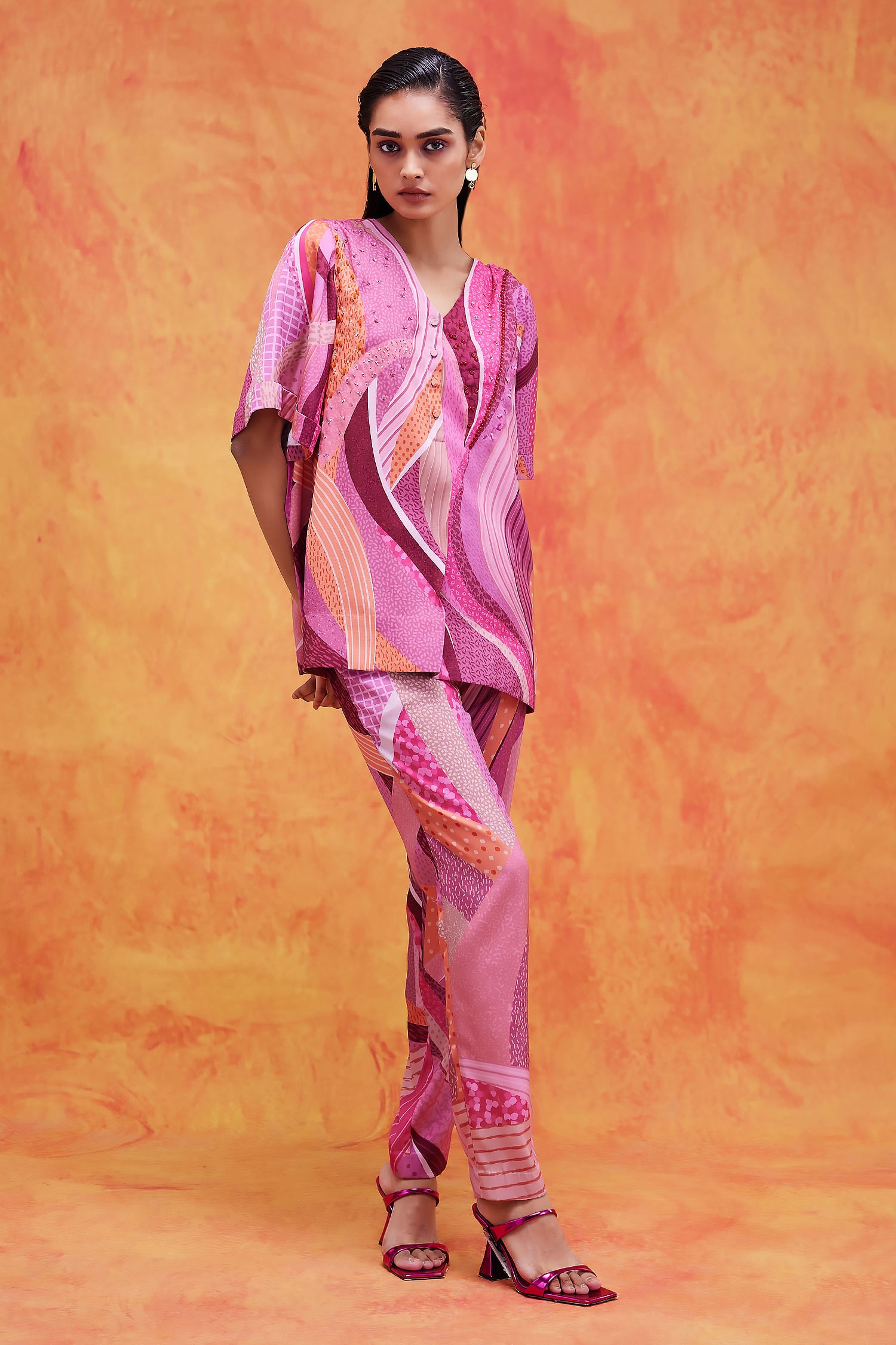 Buy Pankaj And Nidhi Pink Twill Satin Willa Mediterranean Mosaic Print