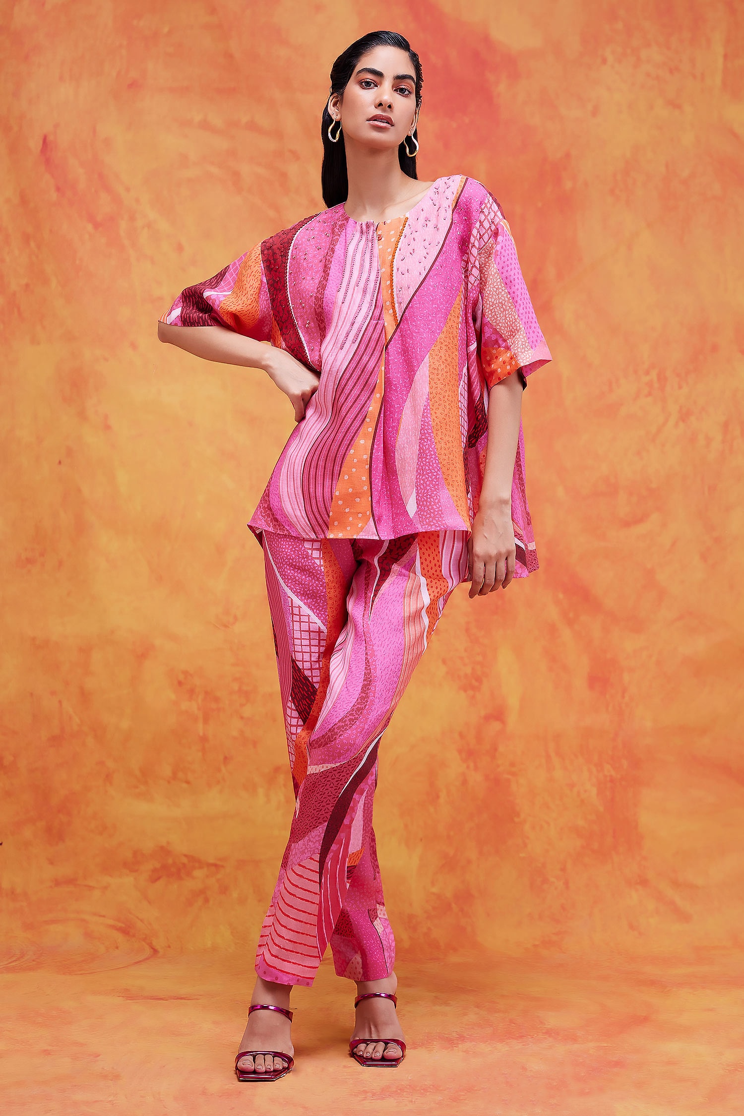 Buy Pankaj And Nidhi Pink Willa Linen Printed Top And Pant Set Online