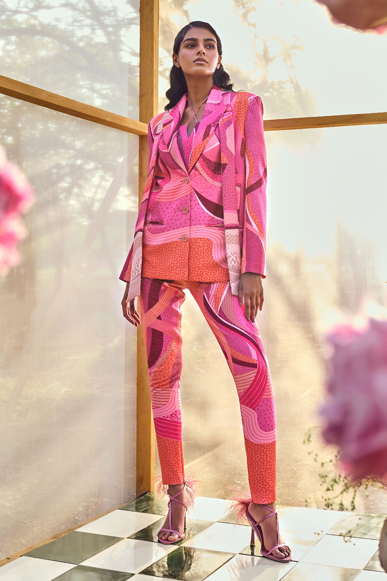 Buy Pankaj And Nidhi Pink Heavy Crepe Willa Printed Blazer And Pant Set