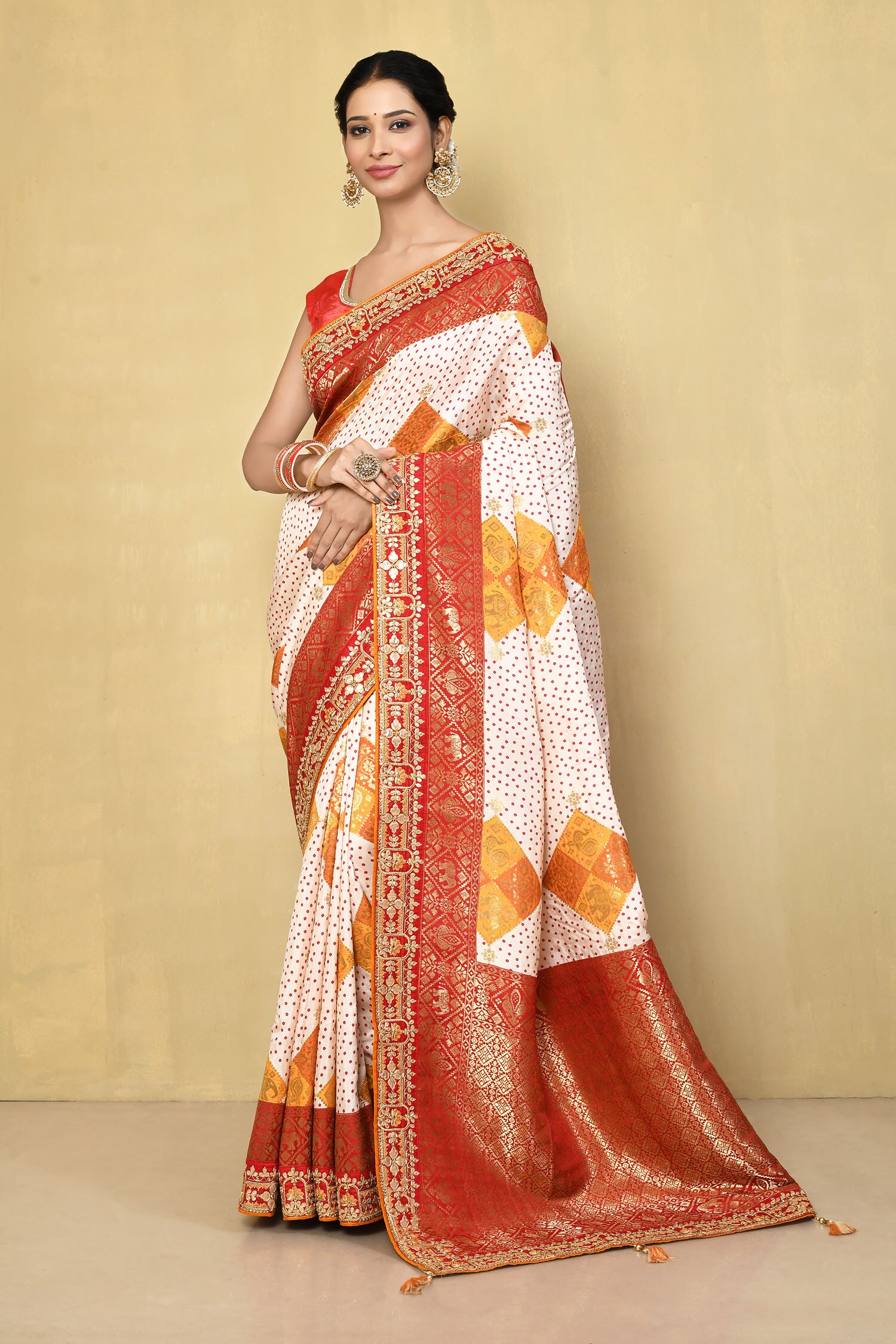 Buy Samyukta Singhania Cream Botanic And Bandhani Pattern Saree With ...