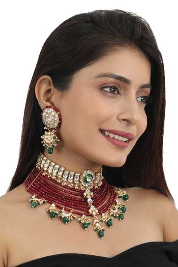 Buy Gold Plated Real Jadtar Stones Multi Beaded Layered Choker Set by ...