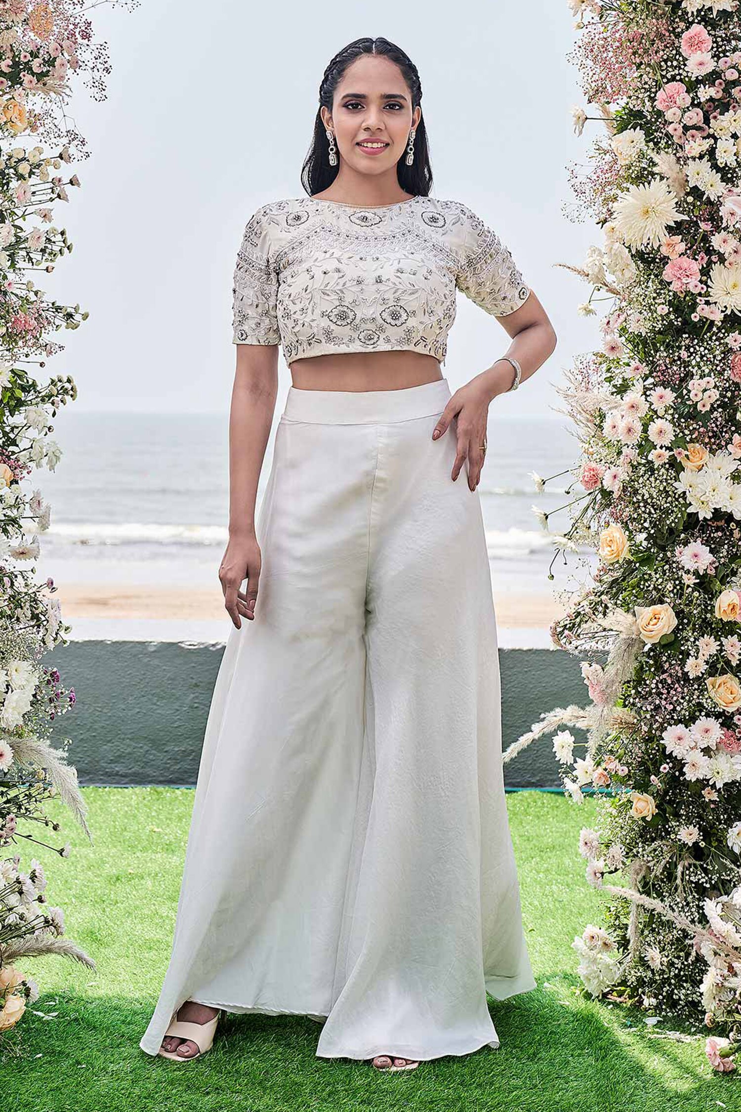 Buy Sanjana Thakur White Bamberg Satin Aari Embroidered Crop Top And ... Buy Sanjana Thakur White Bamberg Satin Aari Embroidered Crop Top And ...