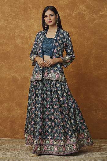 Buy Blue Printed Floral Jacket: Shawl Collar Mughal Lehenga Set For ...