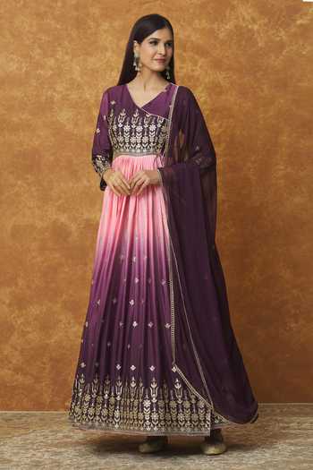 Buy Samyukta Singhania Wine Chinon Silk Sequin Embroidered Angarkha ...