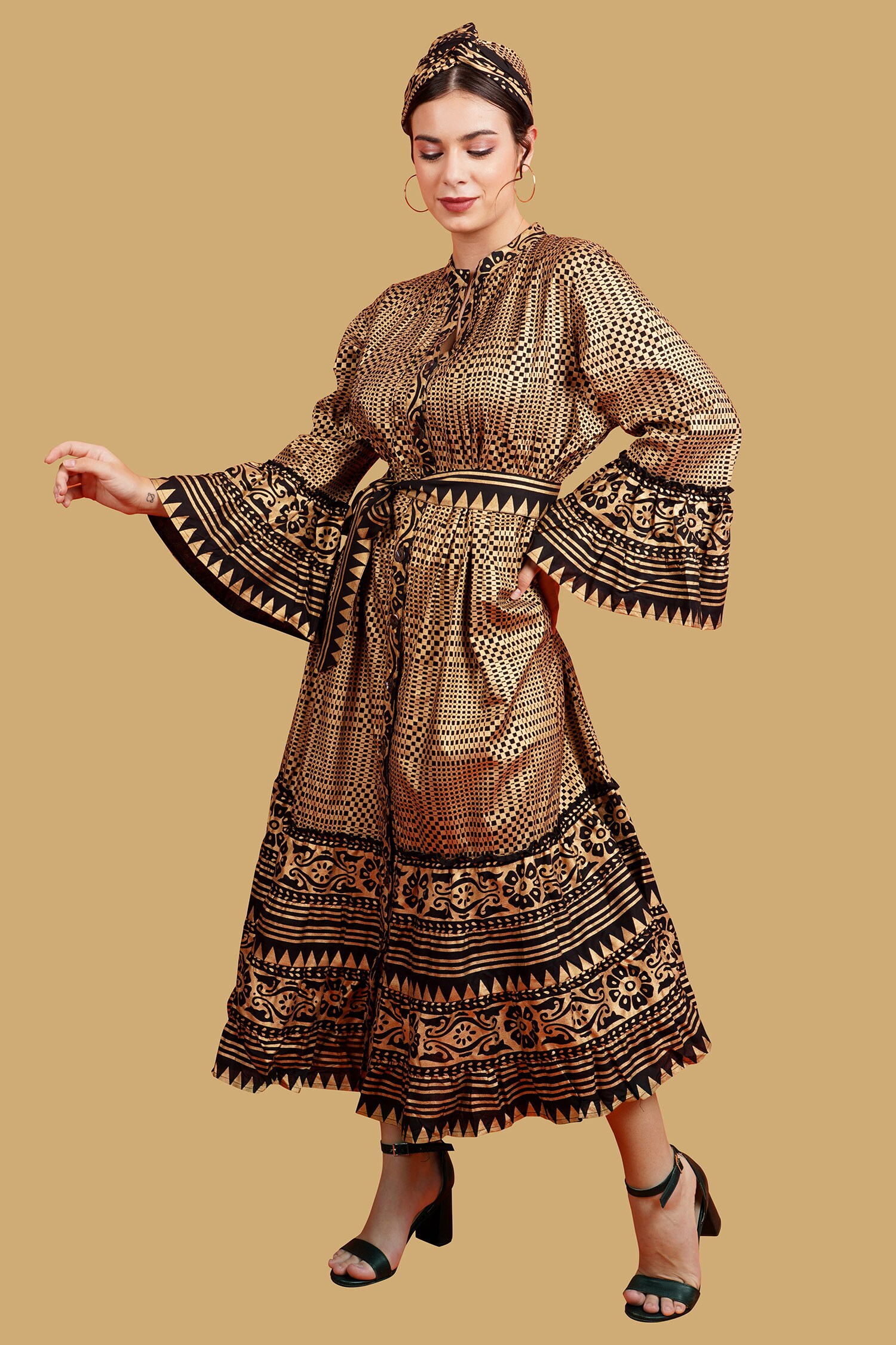 Buy Black Viscose Printed Abstract Band Collar Koko Dress With Sash ...