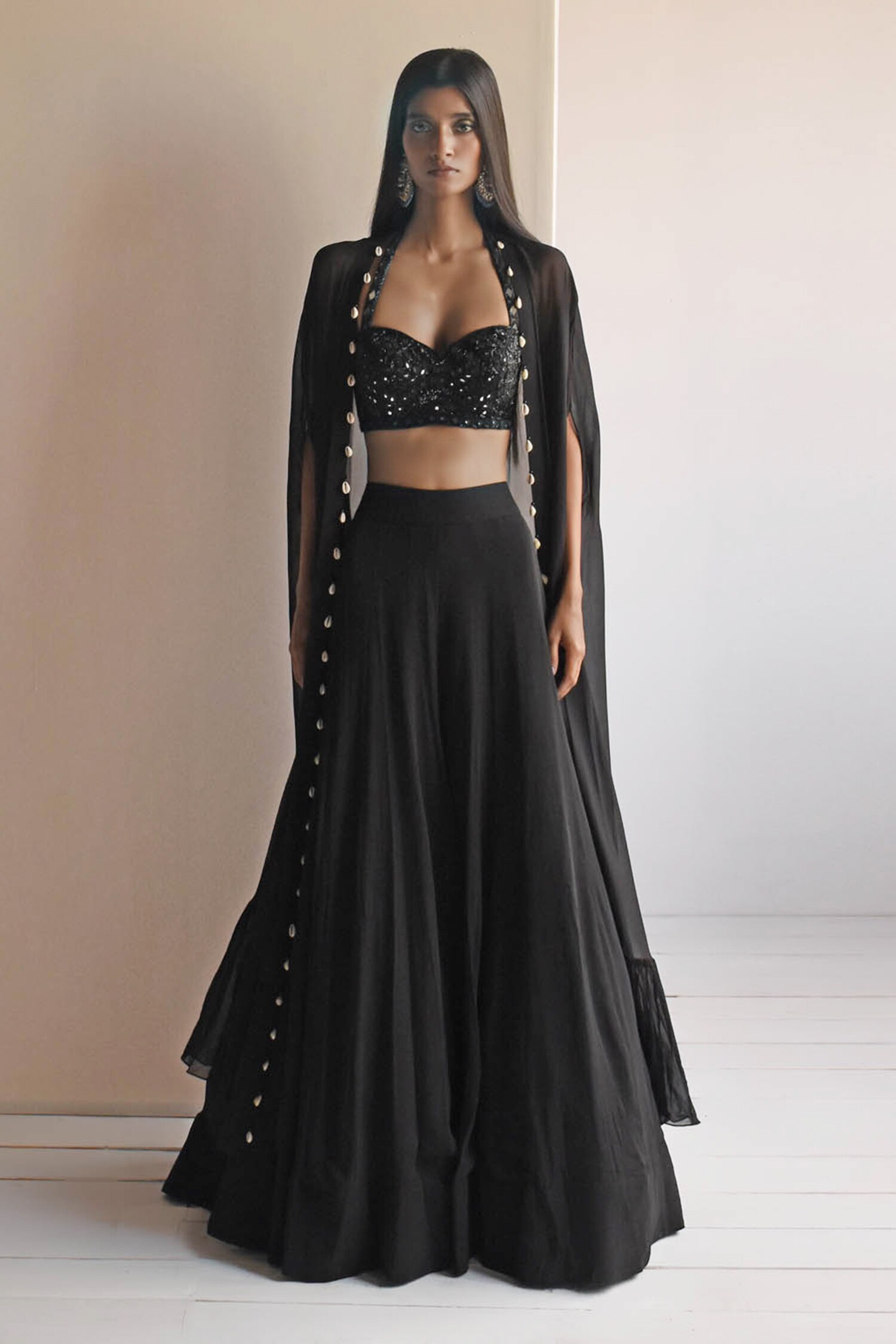 Buy Black Blouse Net Embroidered Shell Cape Open Mirrorwork Embellished ...