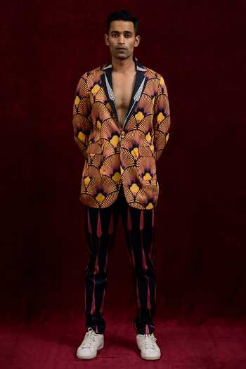 Buy Gaurav Katta Yellow Moda Silk Carnation Painted Lapel Collar Blazer ...