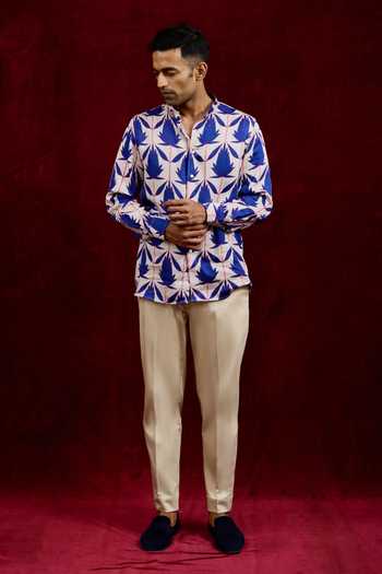 Buy Blue Moda Silk Hand Paint Lotus Bloom Pattern Shirt For Men by ...