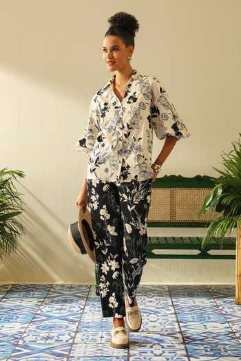 Buy Black Handloom Cotton Printed Floral Spread Collar Myra Shirt For ...