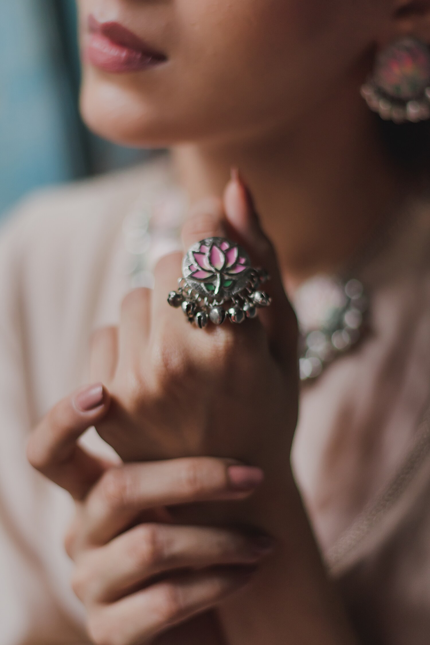 Buy Silver Plated Enamel Carved Floral Ring by Hyperbole Online at Aza ...