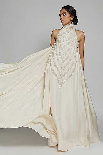 Buy Mala and Kinnary Ivory Habutai Silk Mala Embroidered High Neck Gown ...