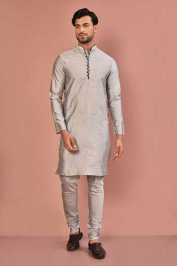 Buy Grey Silk Plain Mandarin Collar Kurta Churidar Set For Men by ...