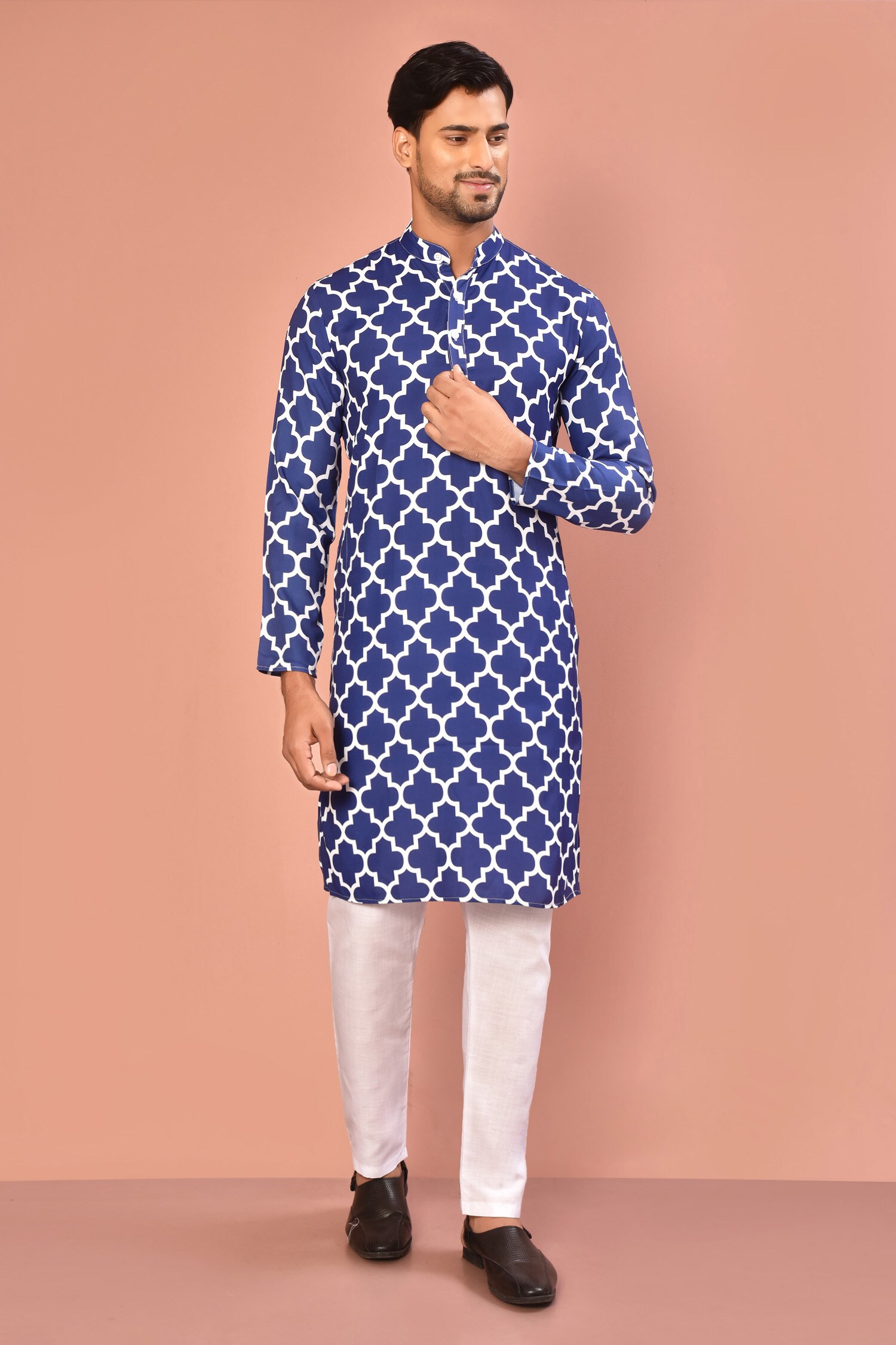 Buy Arihant Rai Sinha Blue Cotton Blend Floral Jaali Print Kurta With ...