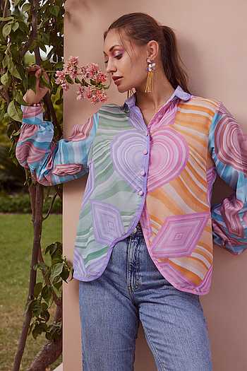 Buy Pink Cotton Printed Popping Heart Spread Collar Shirt For Women by ...