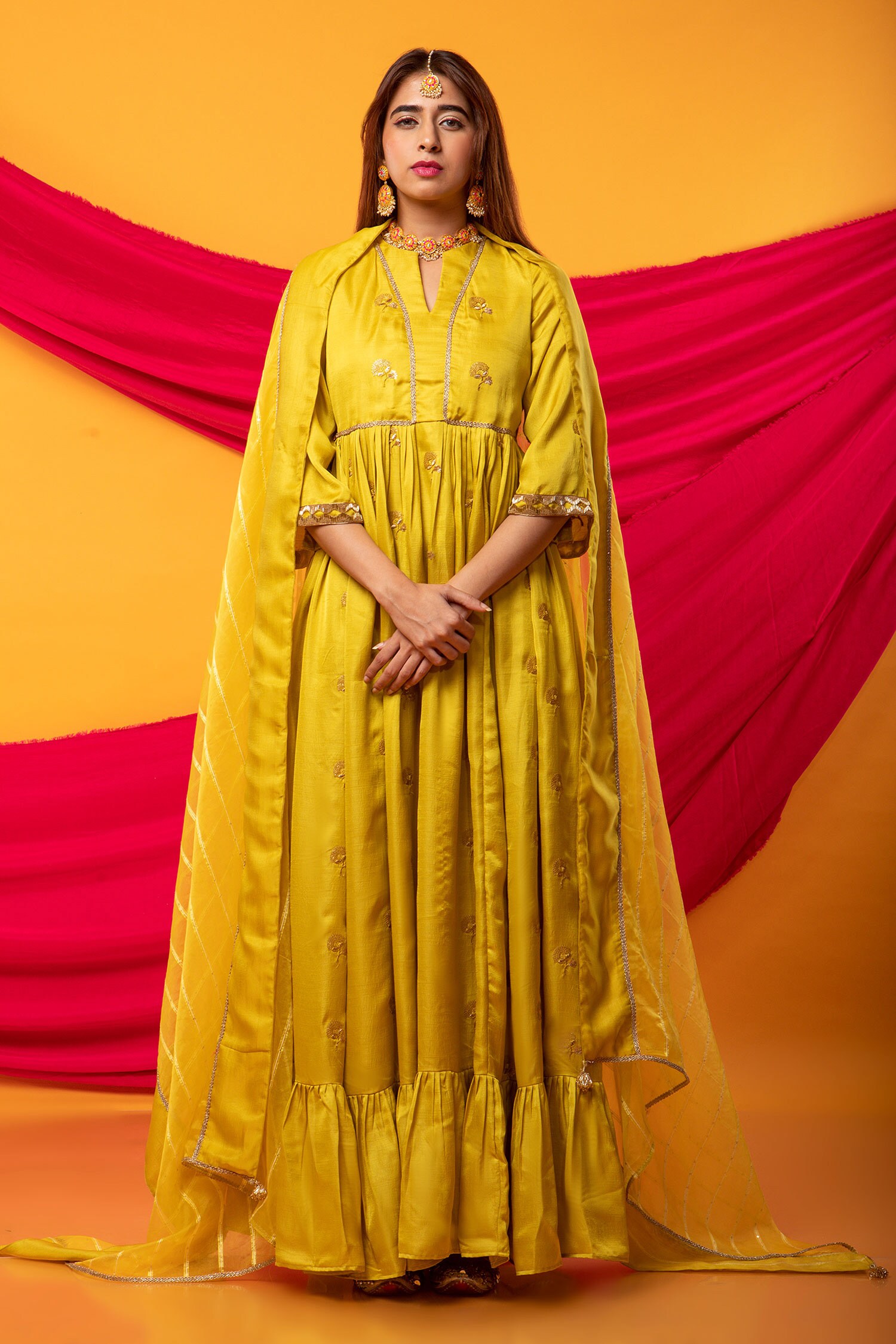 Buy Yellow Silk Blend Embellished Zunera Butti Anarkali With Dupatta ...