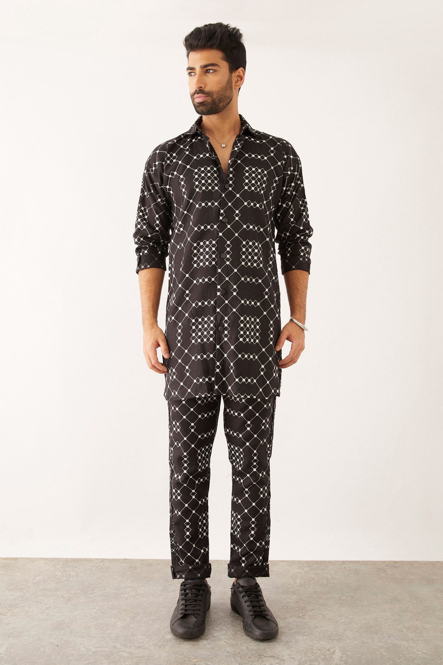 Buy Black 100% Linen Printed Balance Aazz Shirt And Trouser Set For Men ...