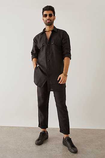 Buy Black 100% Linen Solid Cai Shirt And Trouser Set For Men by Son of ...