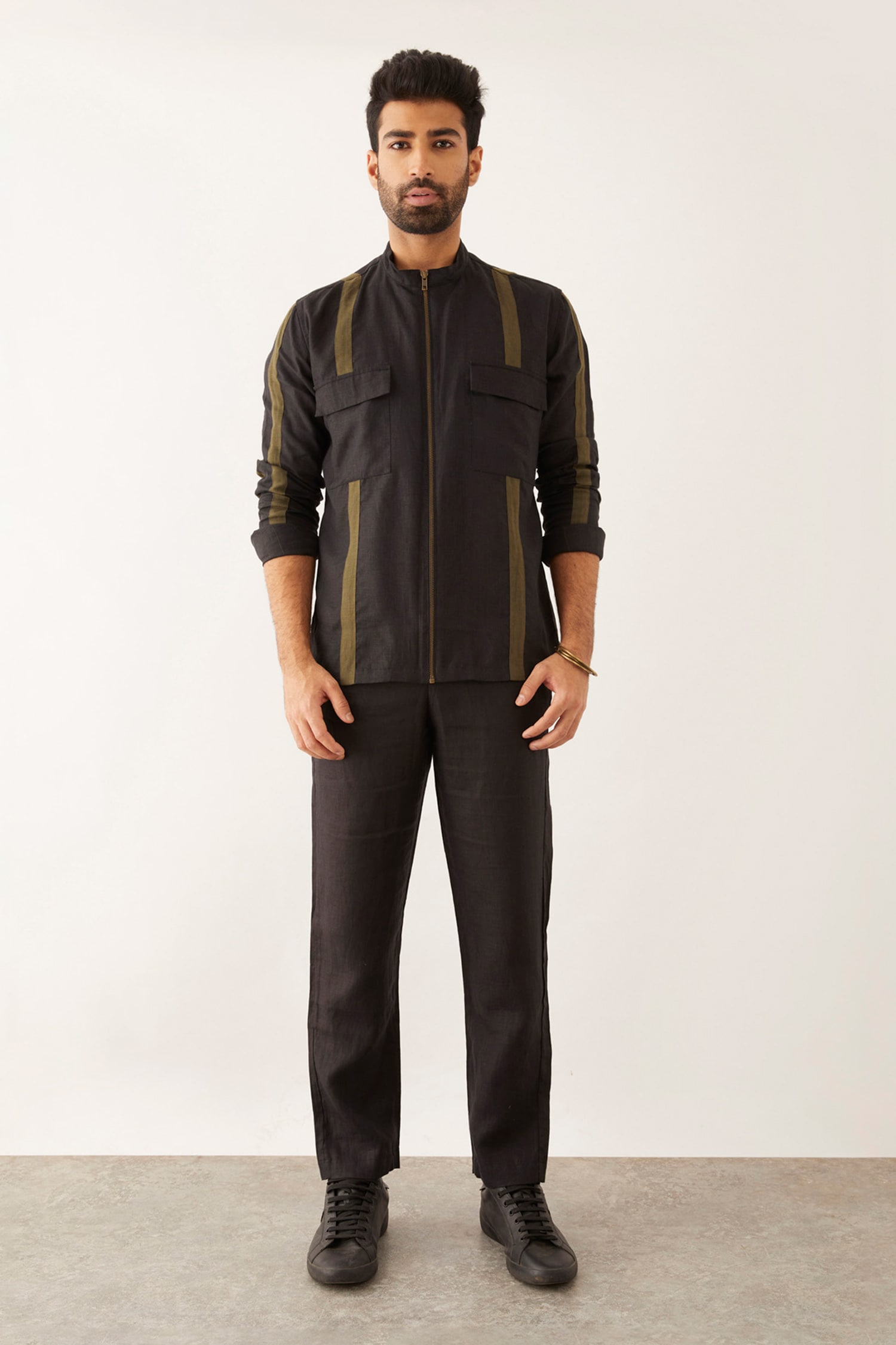 Buy Black 100% Linen Stripe Pattern Hama Shacket For Men by Son of A ...